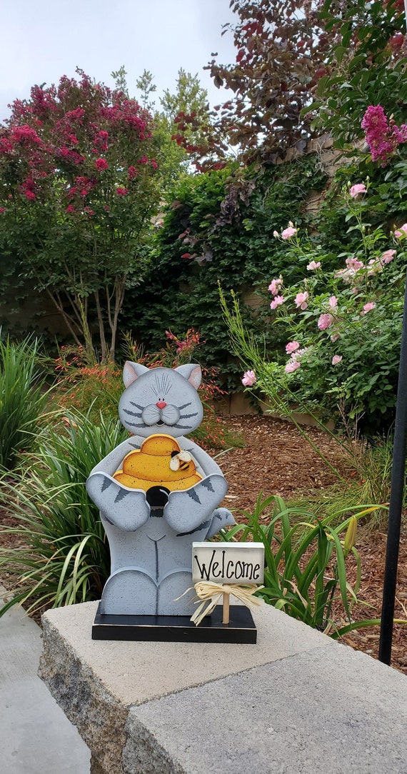 Seasonal huggy Kitty Wood Welcome Shelf Sitter - Etsy
