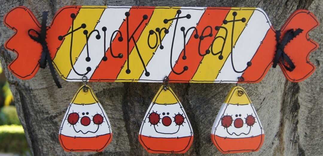 Trick or Treat Candy Corn Sign - Wall or Door Wood Halloween Decoration ...
