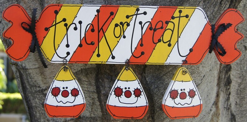 Trick or Treat Candy Corn Sign - Wall or Door Wood Halloween Decoration ...