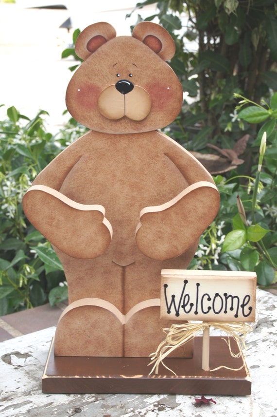 Seasonal huggy Bear Wood Welcome Shelf Sitter | Etsy