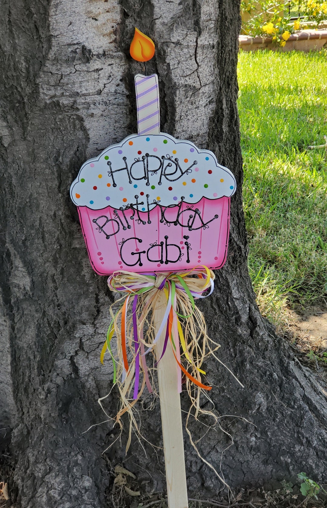 Happy Birthday Cupcake Yard Stake - Boy or Girl Birthday Wood Outdoor ...