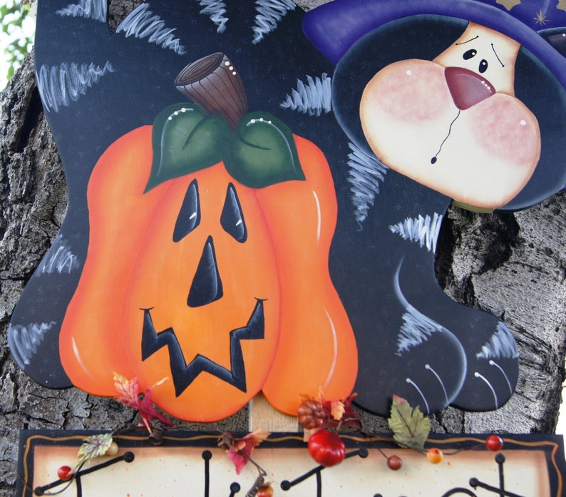 Halloween Black Cat and Pumpkin Welcome Hanging Door or Wall - Etsy