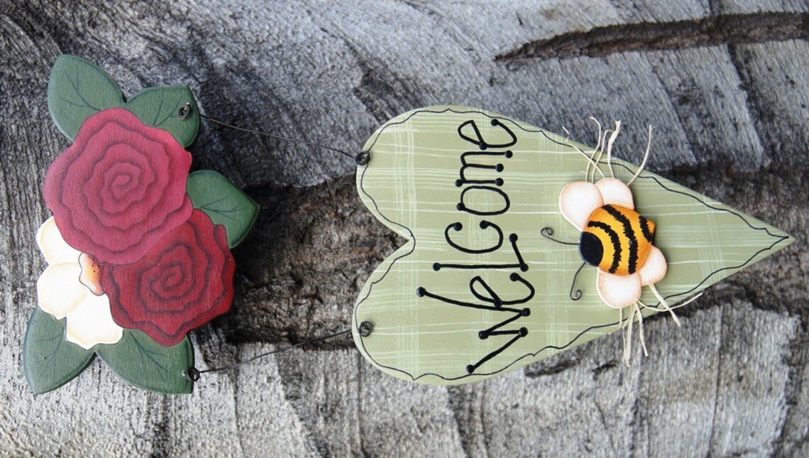 Welcome Heart Sign With Roses and Daisy Wood Door or Wall - Etsy