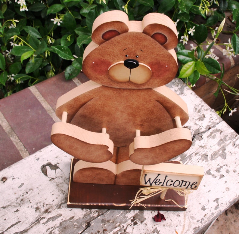 Seasonal huggy Bear Wood Welcome Shelf Sitter | Etsy