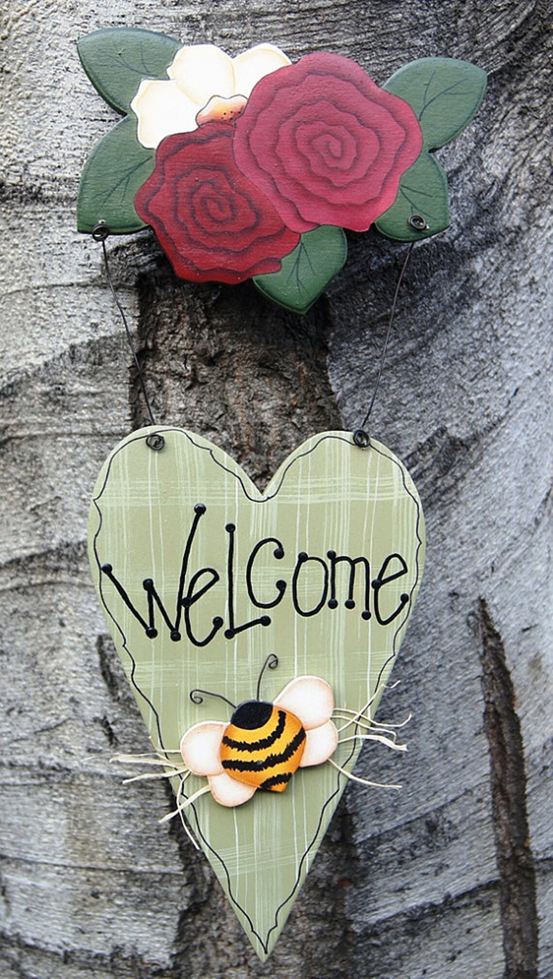 Welcome Heart Sign With Roses and Daisy - Wood Door or Wall Hanging - Etsy