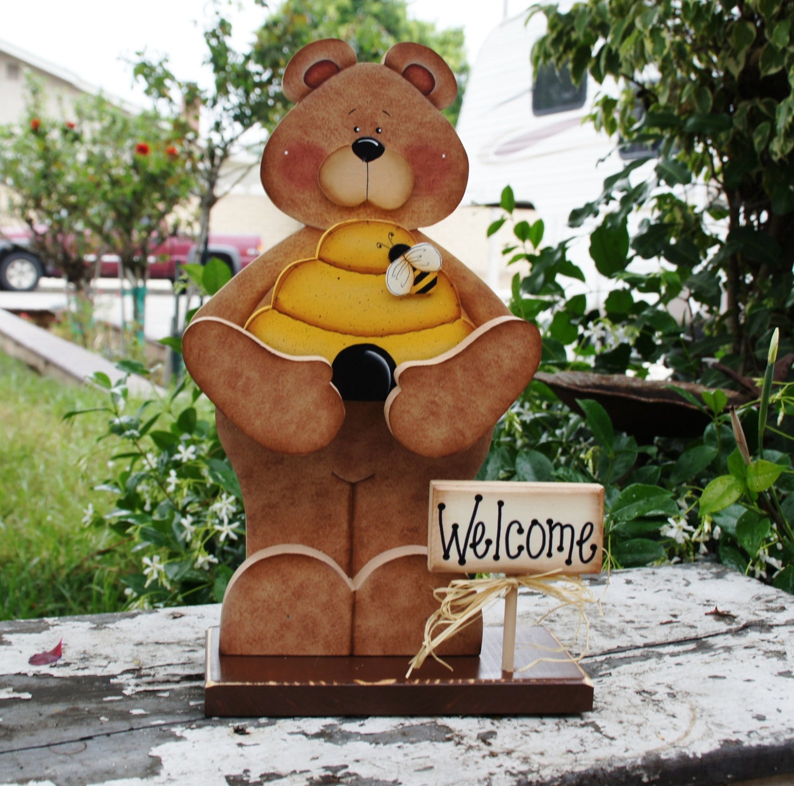 Seasonal huggy Bear Wood Welcome Shelf Sitter | Etsy