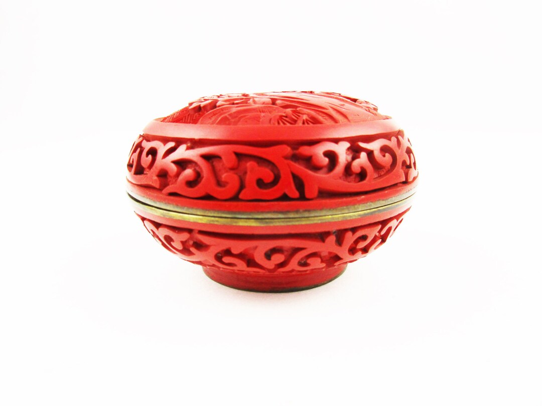 Carved Cinnabar Lacquerware Box: Peony Design, Blue Enamel Interior - Etsy