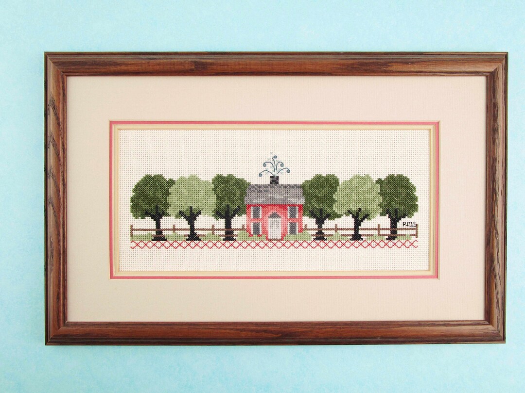 A Framed Cross-stitch Petit Point Red House Three Tree - Etsy