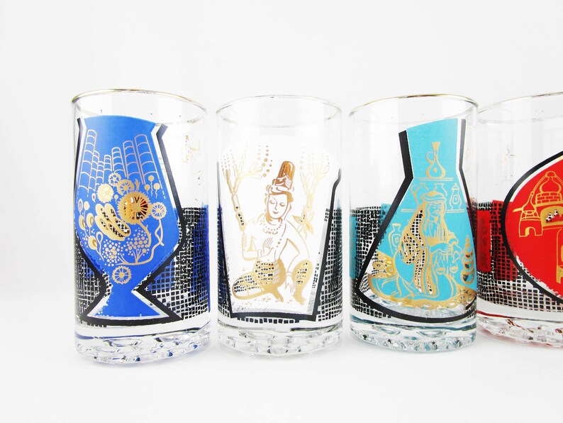 Six Multi Colored Drinking Glasses Group Of 6 Multiple Etsy