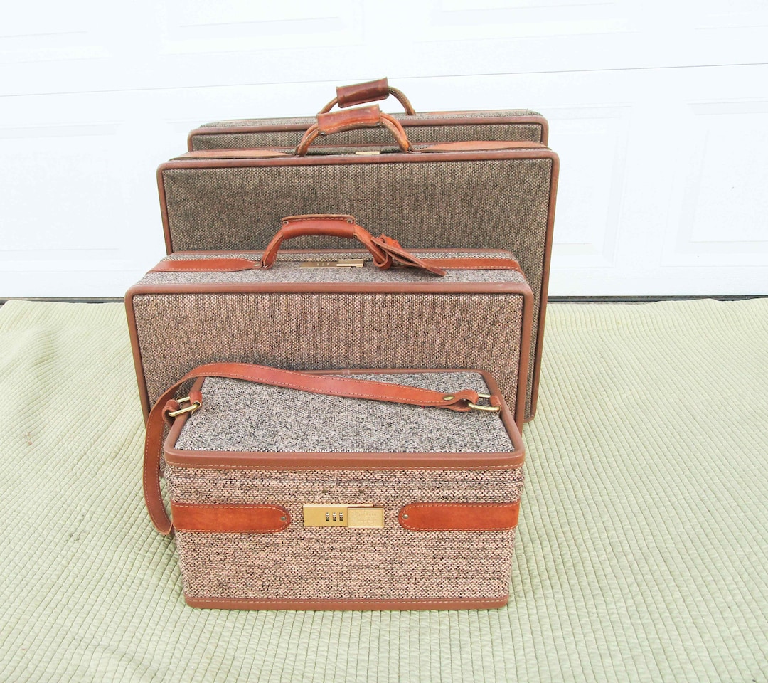 Vintage 'hartmann Luggage' Medium-size Suitcase - Wool Tan/black Tweed ...