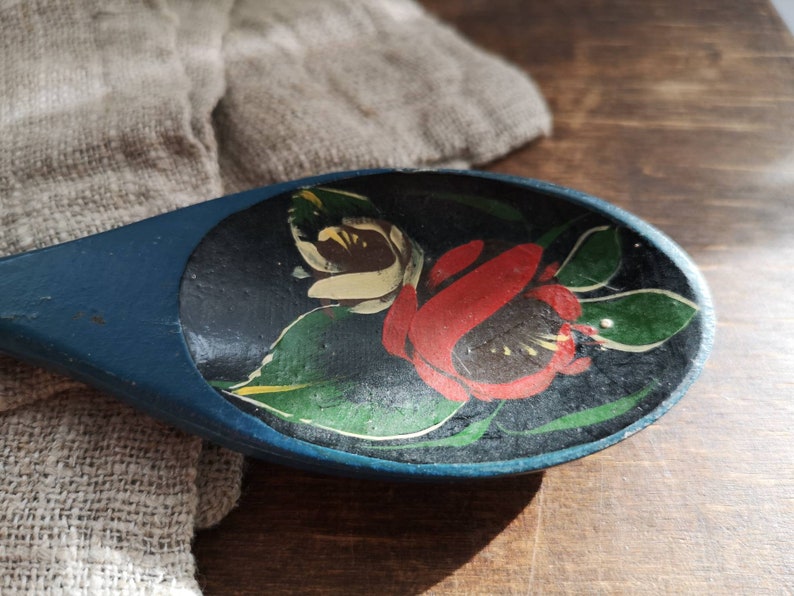 Vintage Floral Wooden Spoon Carved Blue Red Spoon Painted - Etsy
