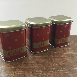 Soviet Tin Box Set of 3 Small Canisters Storage Box Red Dotted Tin Box ...