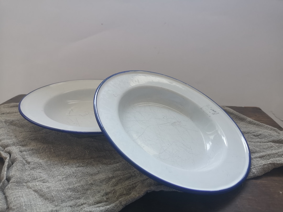Swedish Kockums Enamel Plate White Plate With Blue Border Swedish Vintage Enamelware Cottage ...
