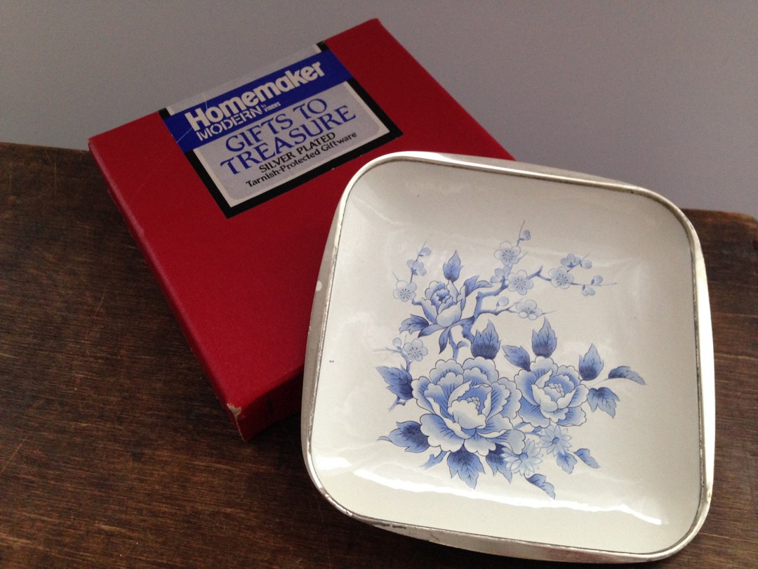 Small Silver Plated Dish Enamelled Plate Made in Japan White Blue ...