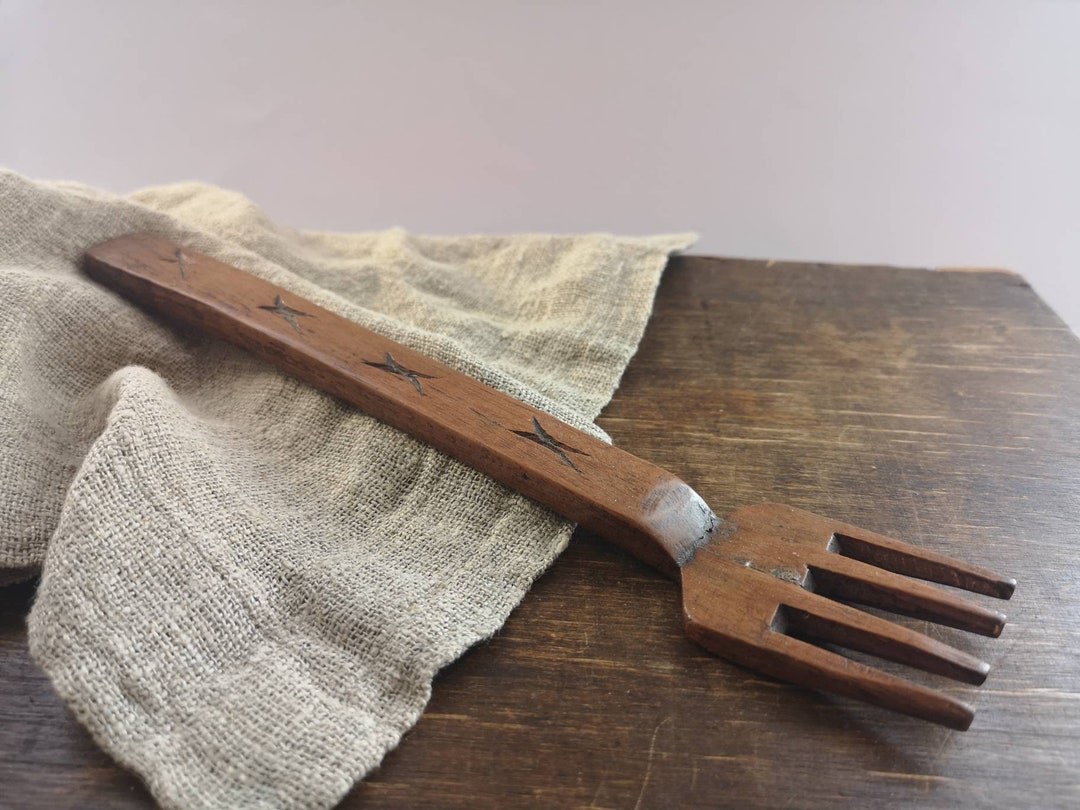 Vintage Wooden Fork Dark Brown Fork Handcarved Fork Rustic Kitchen ...