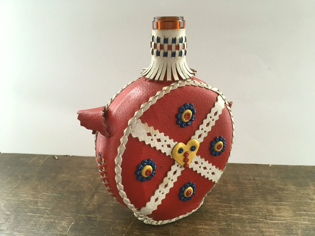 Swedish Folk Flask Hand Stitched Leather Glass Flask Leather Covered ...