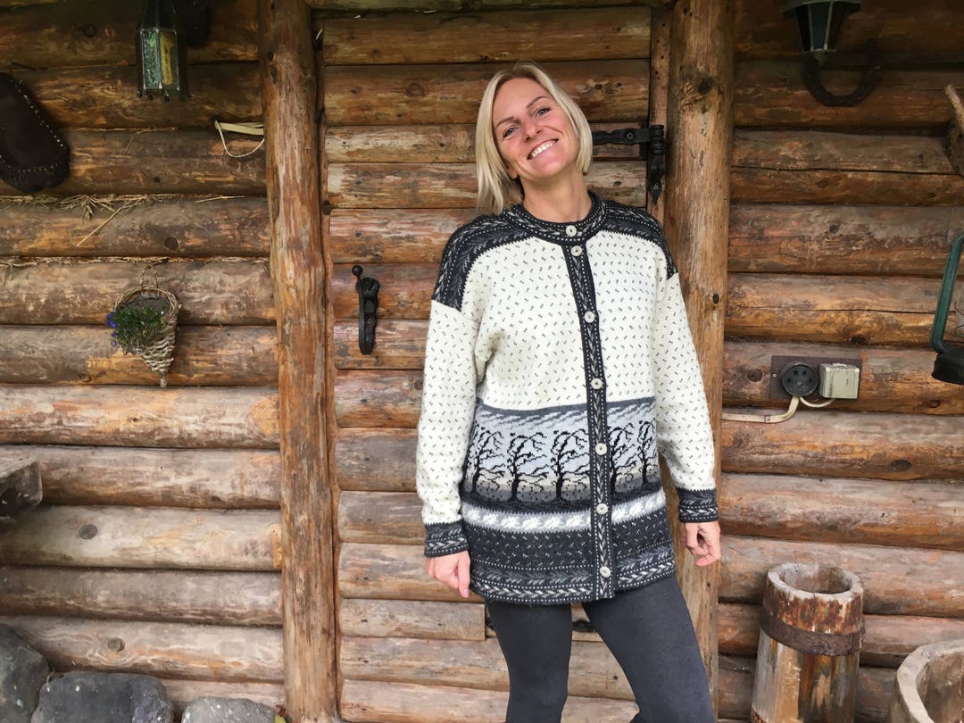Vintage Knitted Cardigan Scandinavian Cardigan Gray White Patterned ...