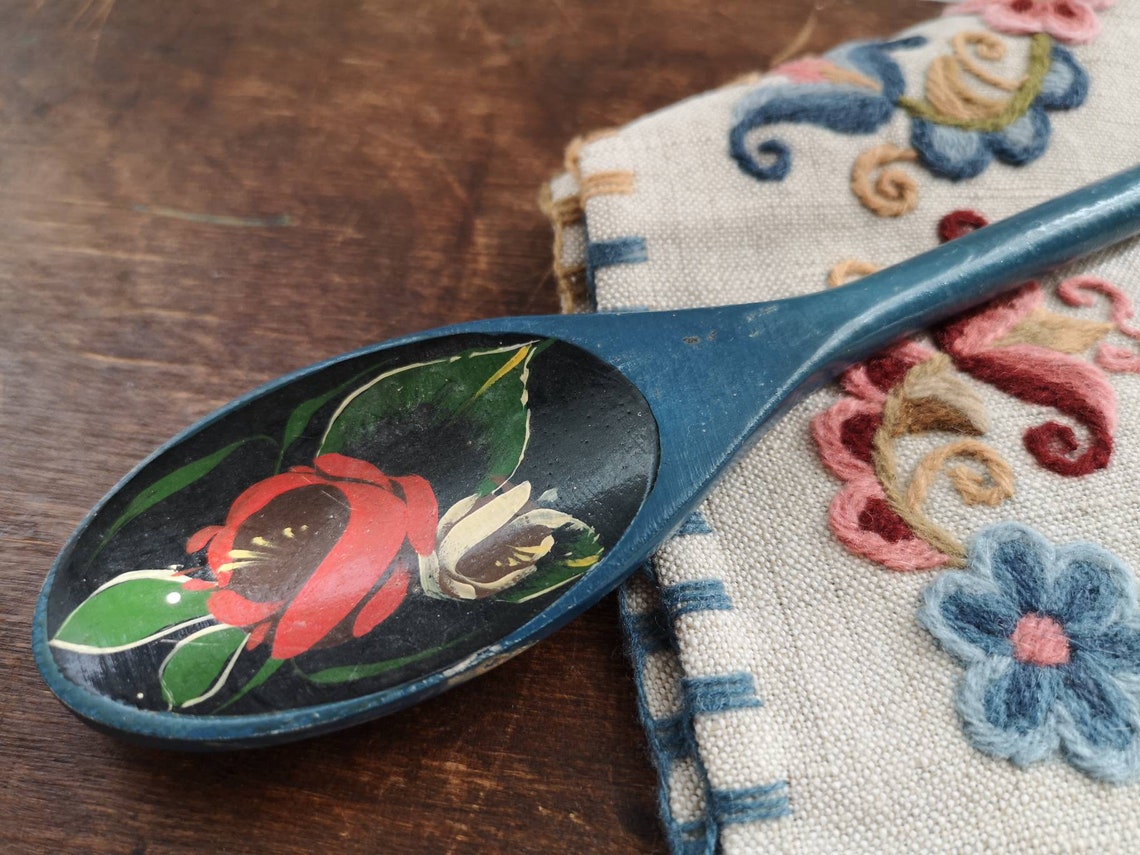 Vintage Floral Wooden Spoon Carved Blue Red Spoon Painted - Etsy