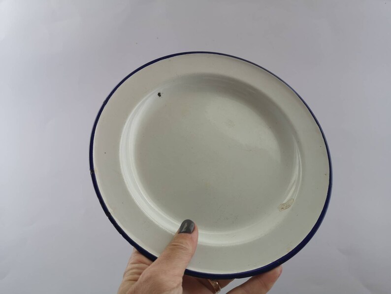 Vintage Enamel Plate White Enamel Plate With Blue Rim Mid Century ...