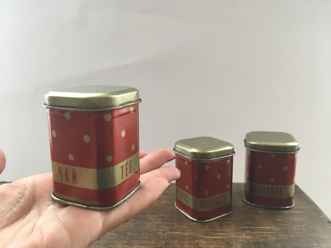 Soviet Tin Box Set of 3 Small Canisters Storage Box Red Dotted | Etsy