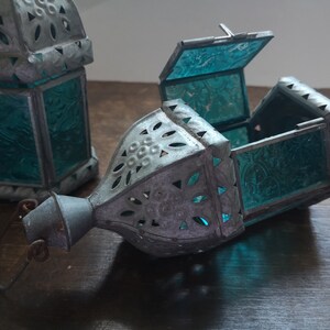Vintage Lantern Turquoise Hanging Lantern Tin Tea Light Holder Small ...
