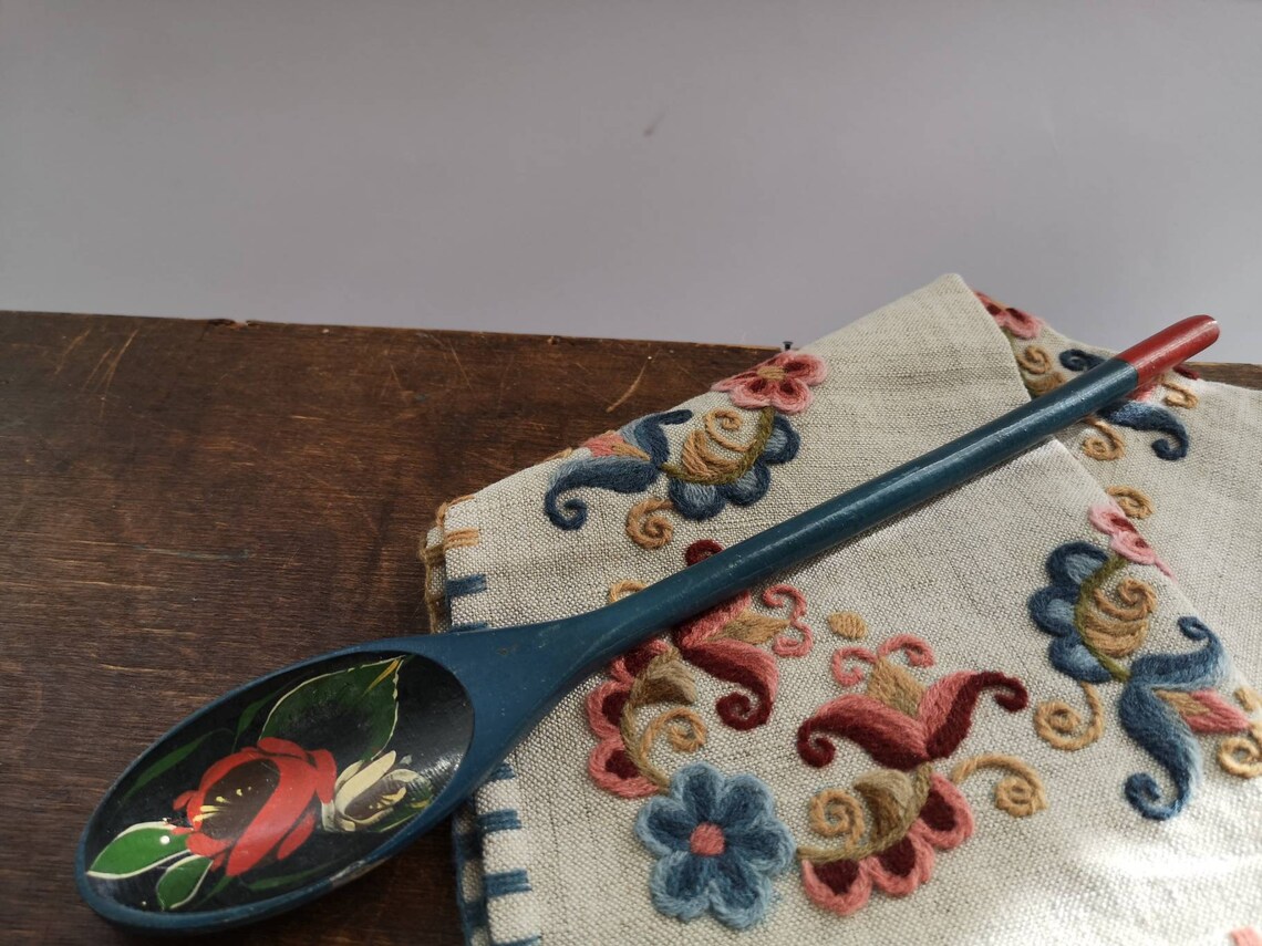 Vintage Floral Wooden Spoon Carved Blue Red Spoon Painted - Etsy