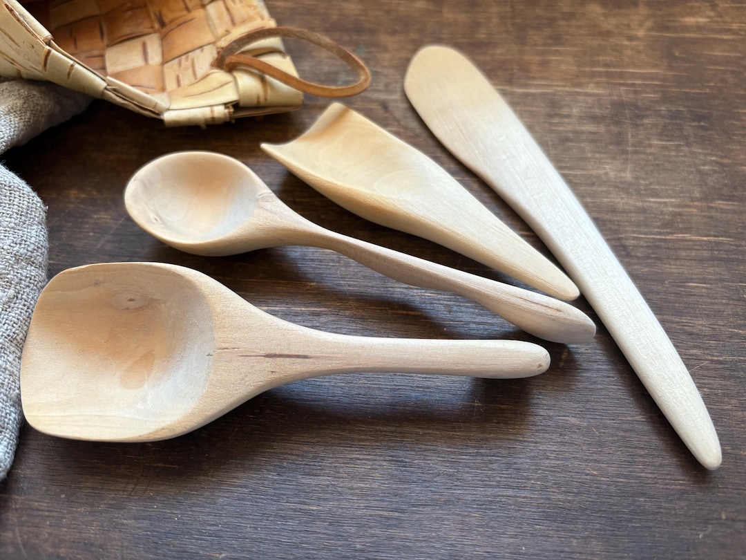 Vintage Wooden Spoon Set of 4 Handcarved Spoons Spreader Rustic Kitchen ...