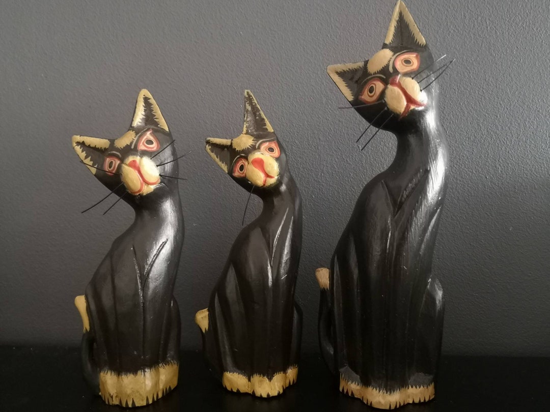 Carved Wood Cat Sitting Cat Figurine Wooden Cat Statue - Etsy