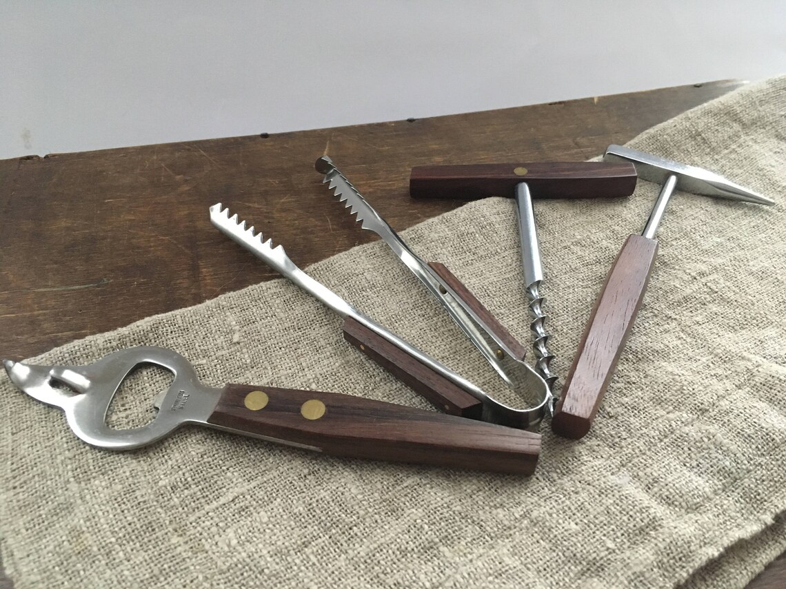 Vintage barware set Wooden kitchen utensil 60s Rustic barware | Etsy