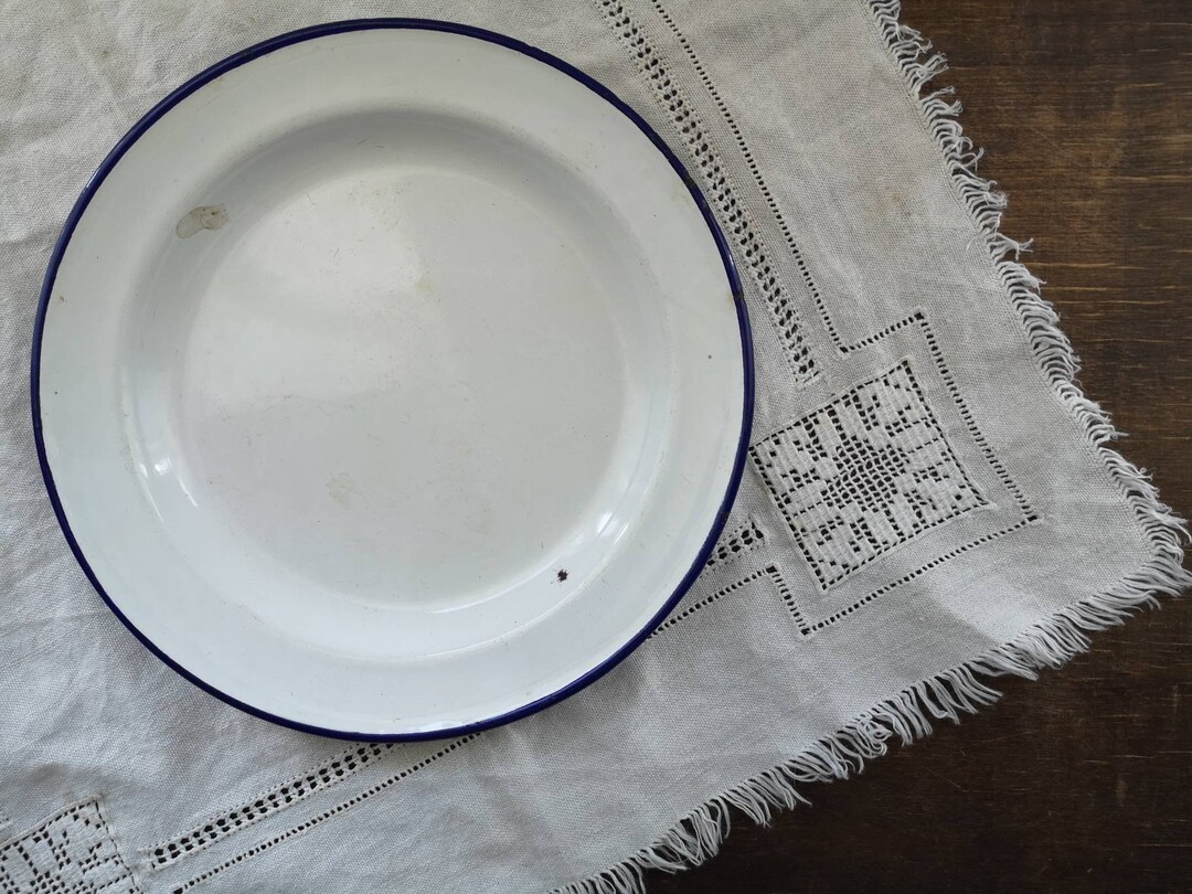 Vintage Enamel Plate White Enamel Plate With Blue Rim Mid Century ...