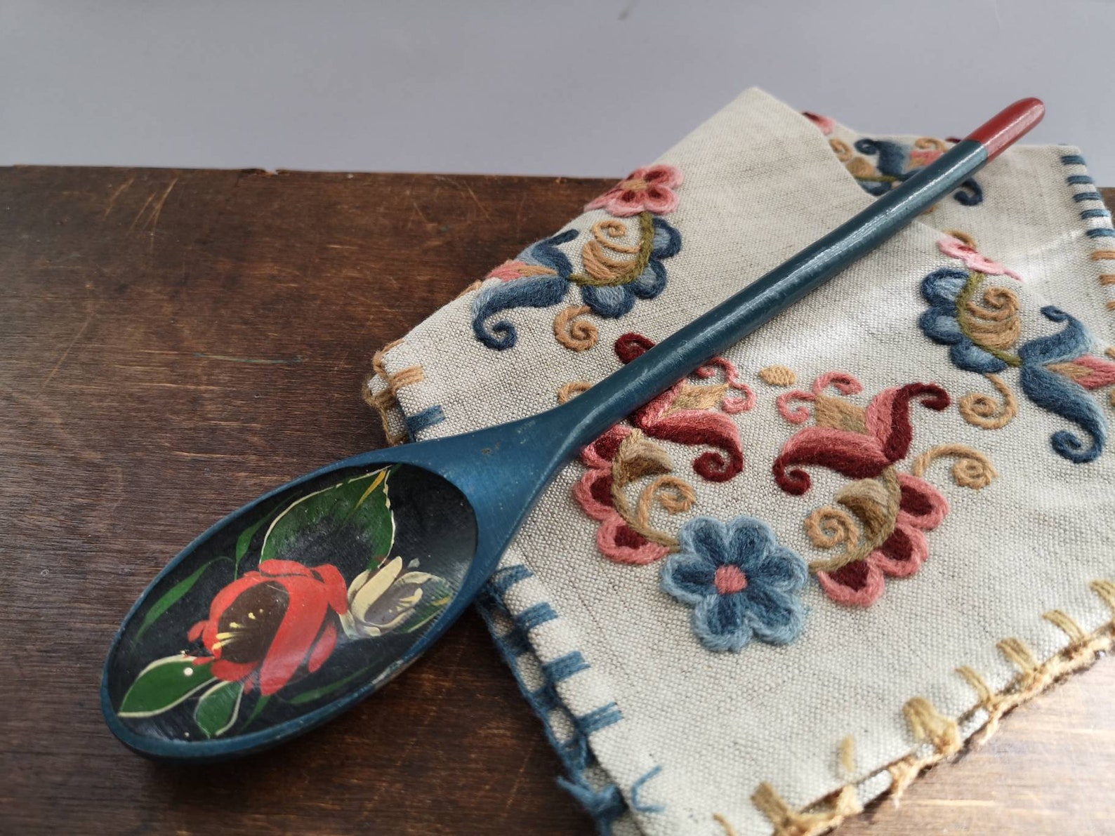 Vintage Floral Wooden Spoon Carved Blue Red Spoon Painted - Etsy
