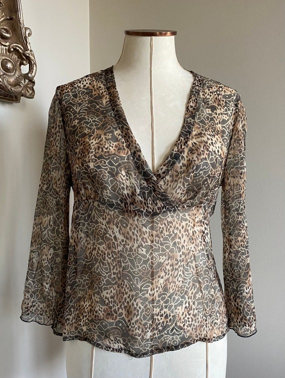 Vintage sheer blouse, patterned sheer blouse, long sl… - Gem