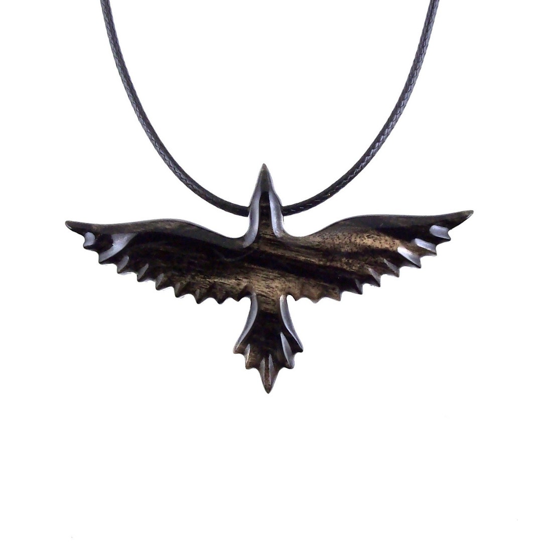 Flying Raven Necklace, Hand Carved Wooden Raven Pendant, Crow Necklace ...
