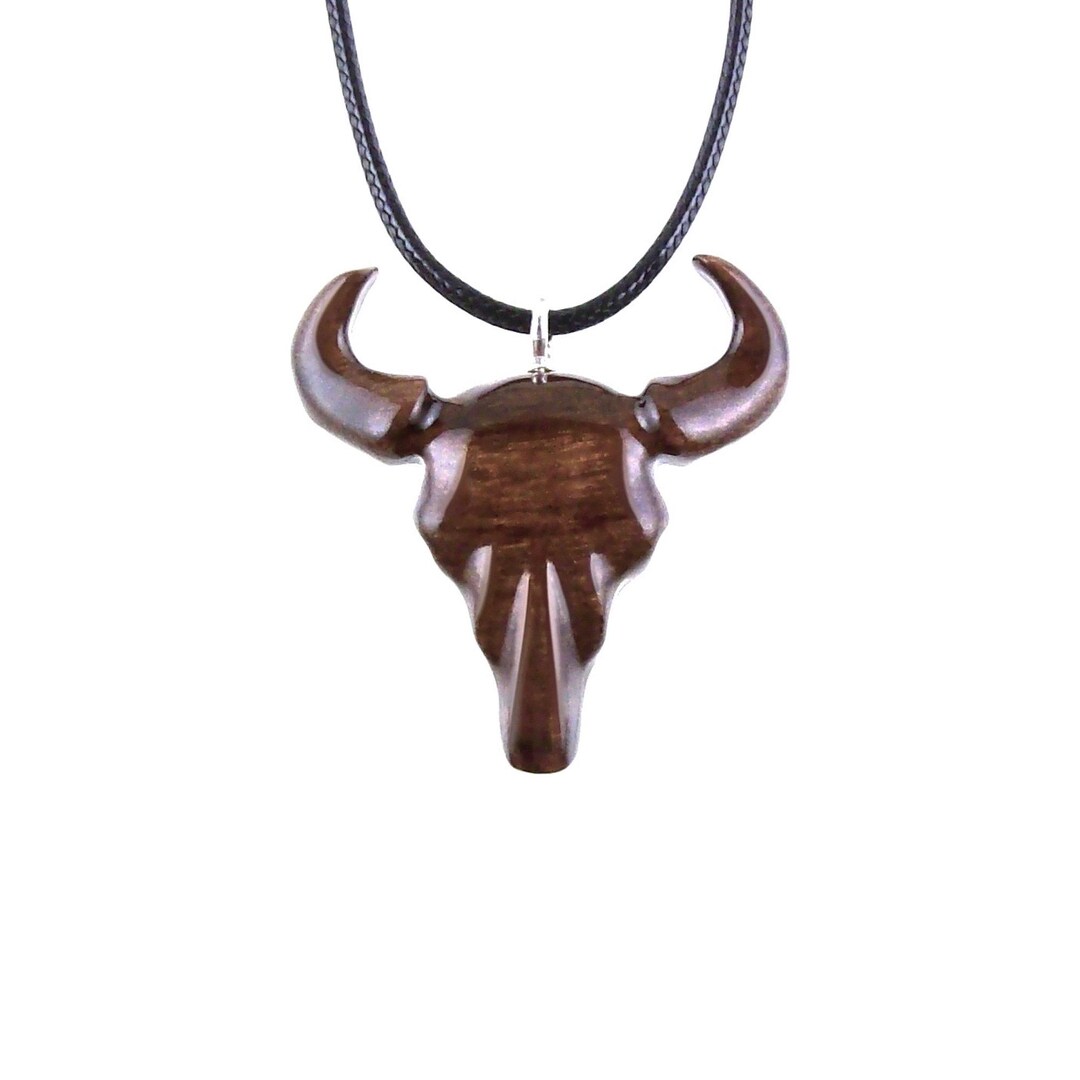Hand Carved Bull Skull Pendant Necklace, Mens Wooden Buffalo Amulet ...