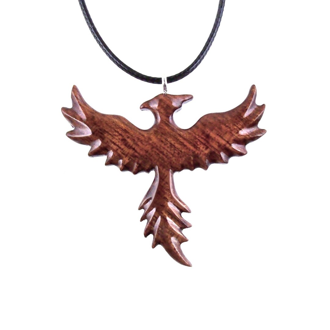 Hand Carved Rising Phoenix Wooden Pendant Necklace, Handmade Wood ...
