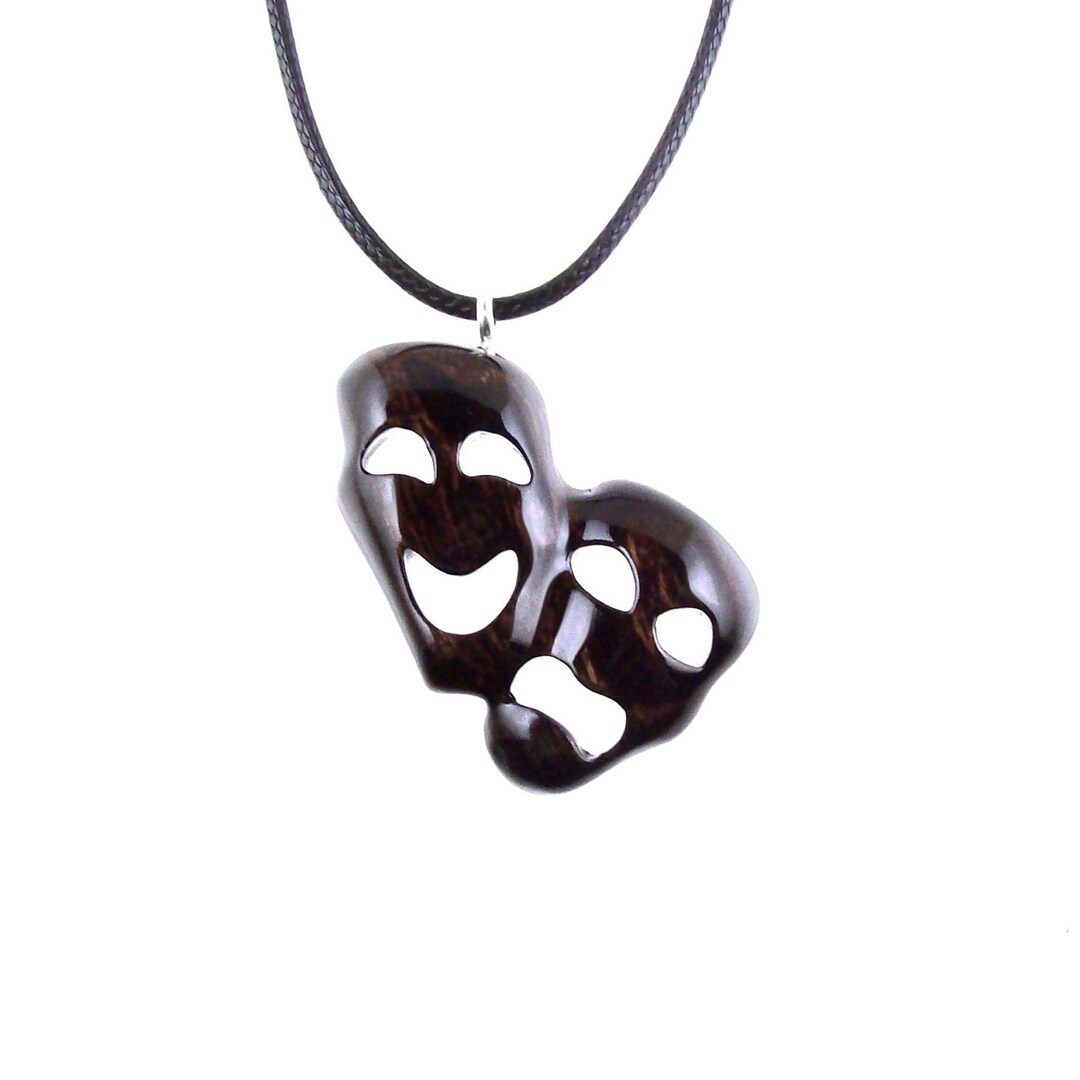 Hand Carved Comedy Tragedy Mask Necklace, Wooden Mask Pendant, Drama ...