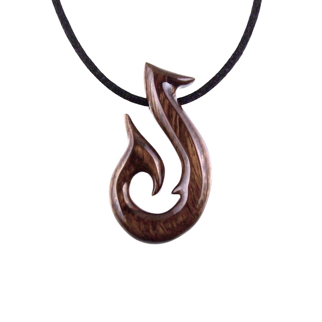 Hand Carved Fish Hook Pendant Necklace, Mens Wood Necklace, Handmade ...