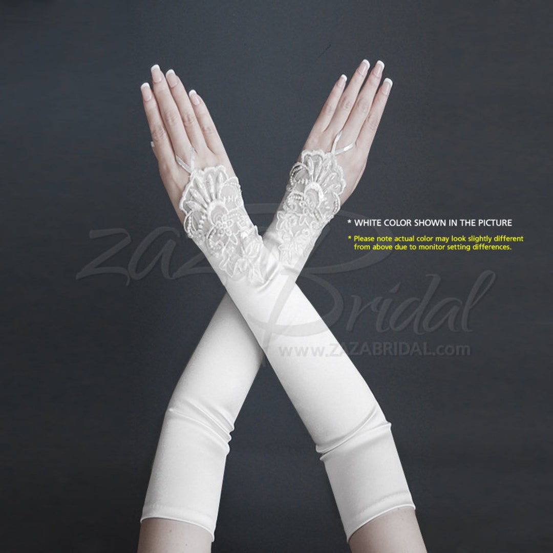 Shiny Satin Fingerless Gloves With Floral Embroidery Lace, Sequins, and ...