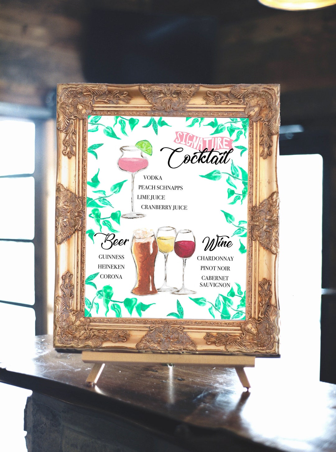 Bar Menu, JPEG, Printable, Canvas, Frame, Easel, Signature Cocktail ...