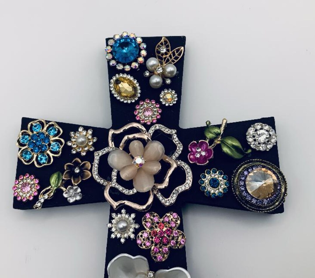 Black Wooden Cross With Pearls & Embellishments — Handcrafted Elegant ...