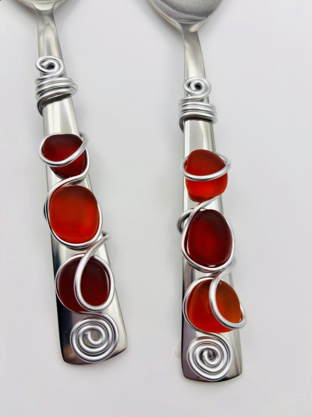 Orange & Red Sea Glass Serving Set, Handcrafted Beaded Serveware ...