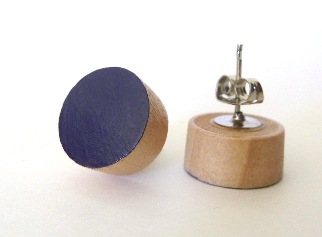 Navy Stud Earrings Wood Post Earrings Dark Blue Posts Blue - Etsy