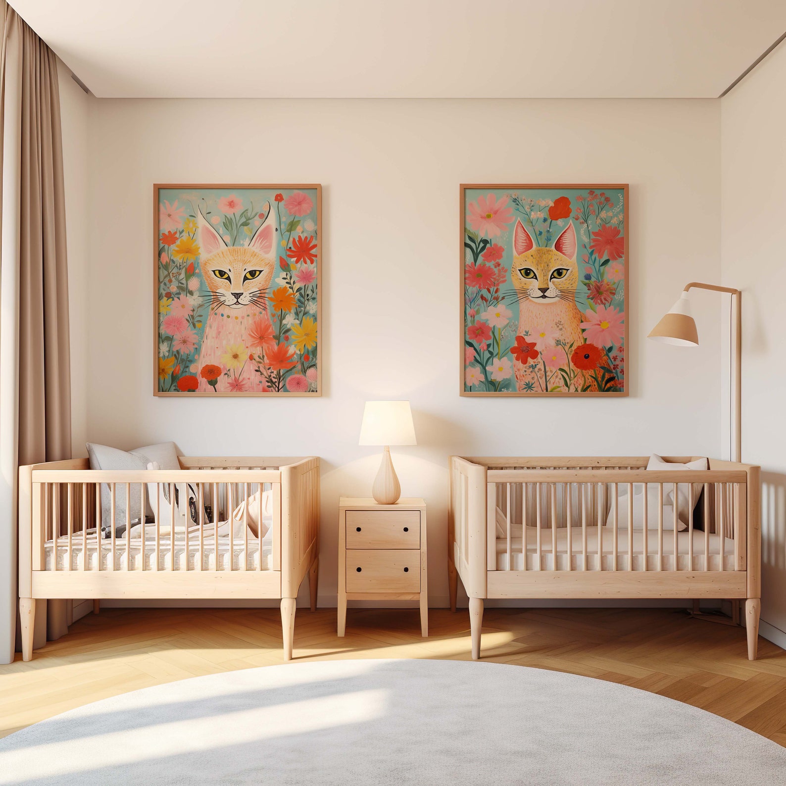 Floral Wildcat Print Wildlife Oil Painting Colorful Nursery Wall Art ...