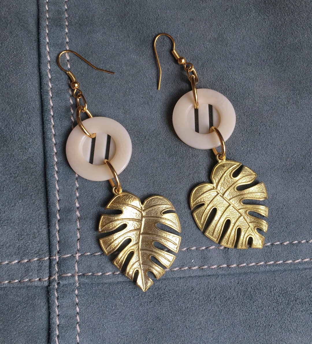 Gold Tone Earrings With Faux Ivory Corozo Button and Big Gold Tone ...