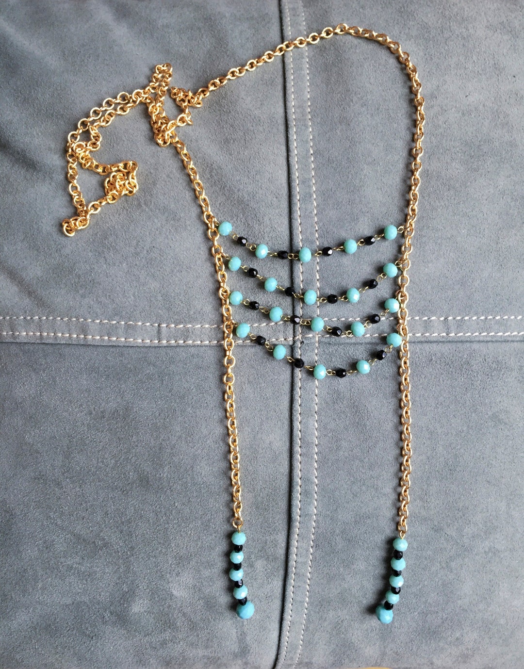 Turquoise and Black Layering Chain Necklace, Matching Long Gold Tone ...
