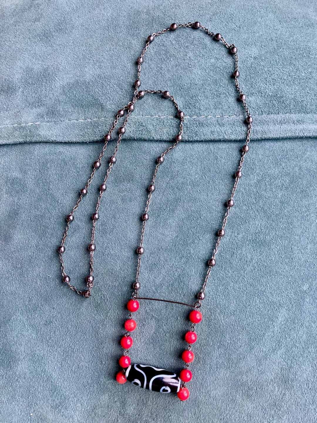 Red and Black Necklace With Black Ceramic Dzi and Red Coral Beads ...