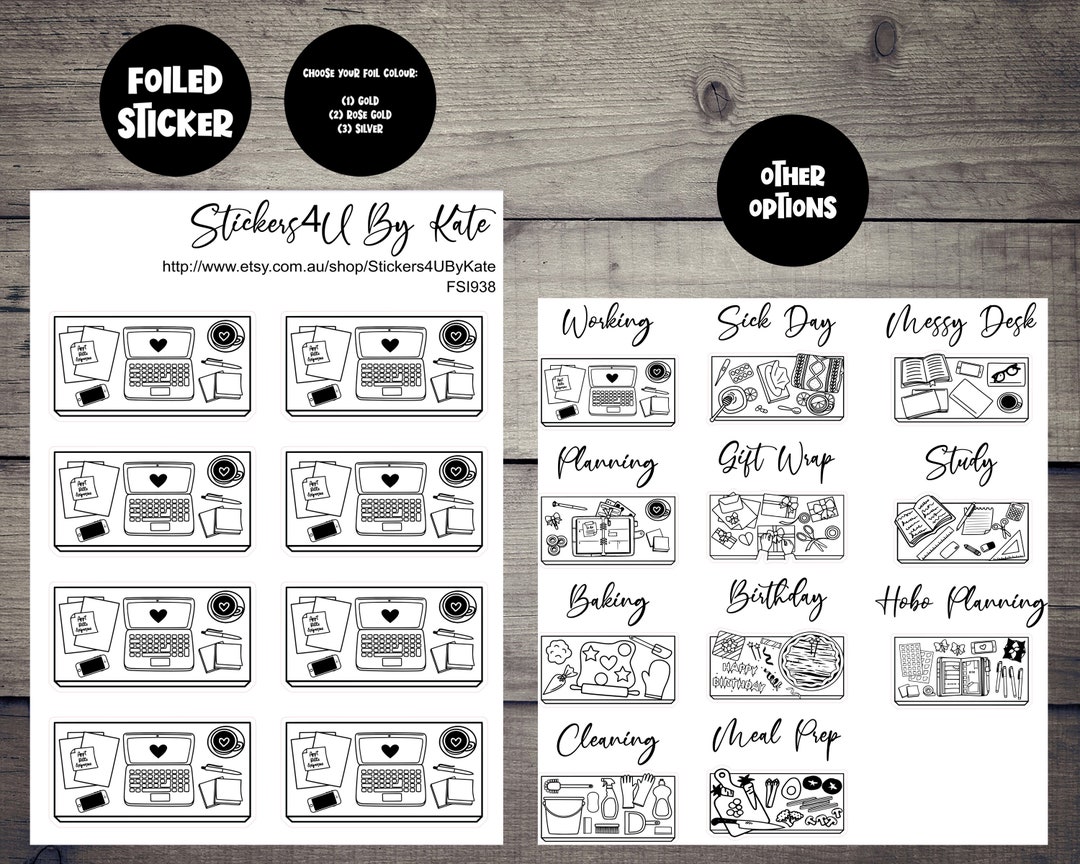 Foiled Flat Lay Planner Stickers | Desk | Study | Sick Day | Baking ...