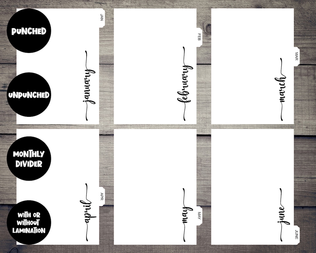 Monthly Divider Set of 12 Planner Divider Planner Index for Ring ...