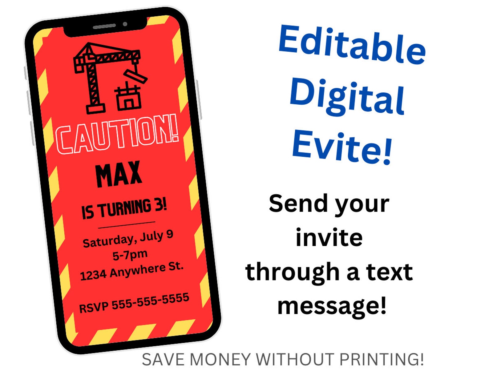 Construction Theme Birthday Party Digital Invite, Editable Caution Bday ...