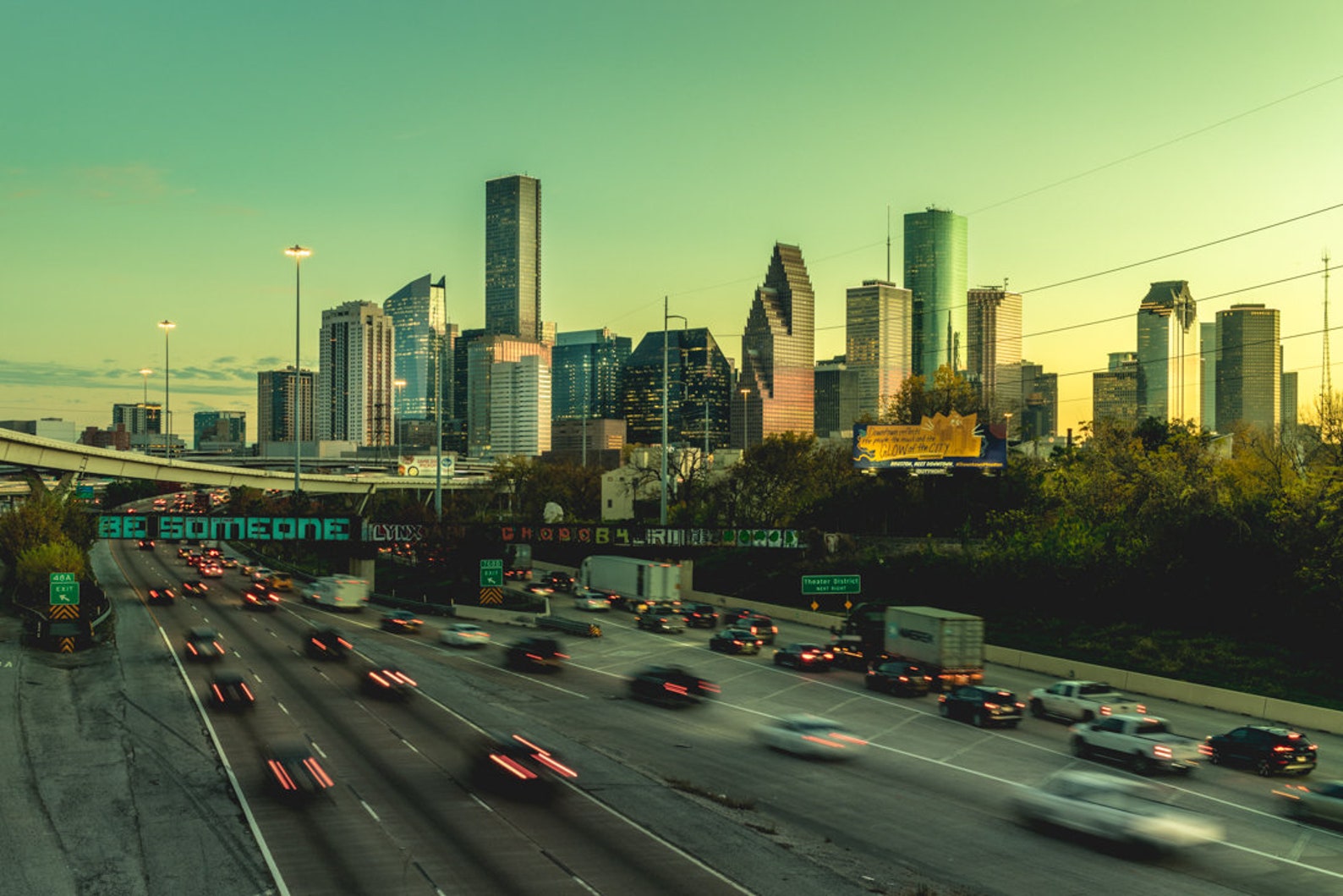 Downtown Houston Skyline and Be Someone Mural at Sunset December 2018 ...